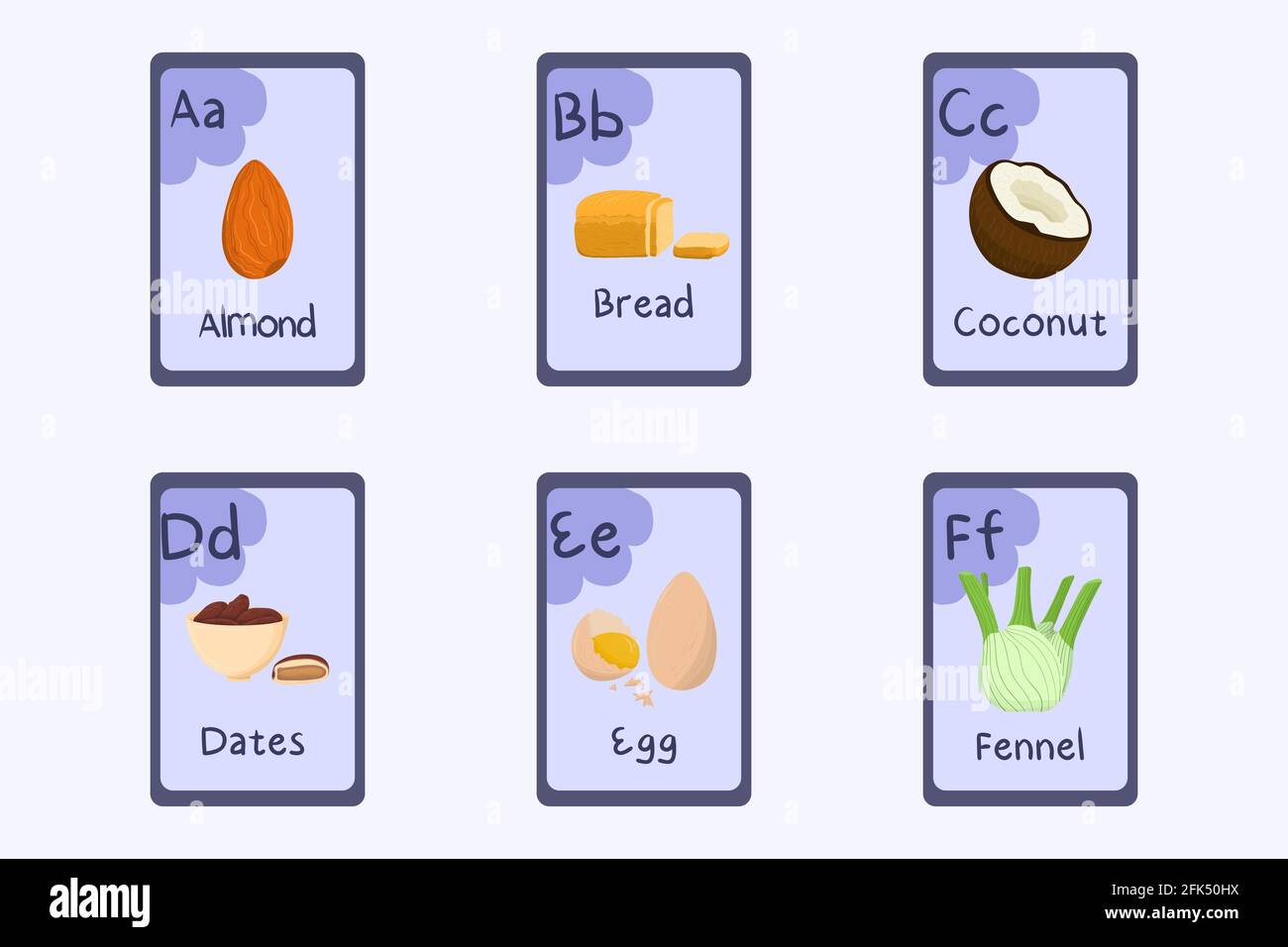 Colorful alphabet flashcard Letter A, B, C, D, E, F - almond, bread ...