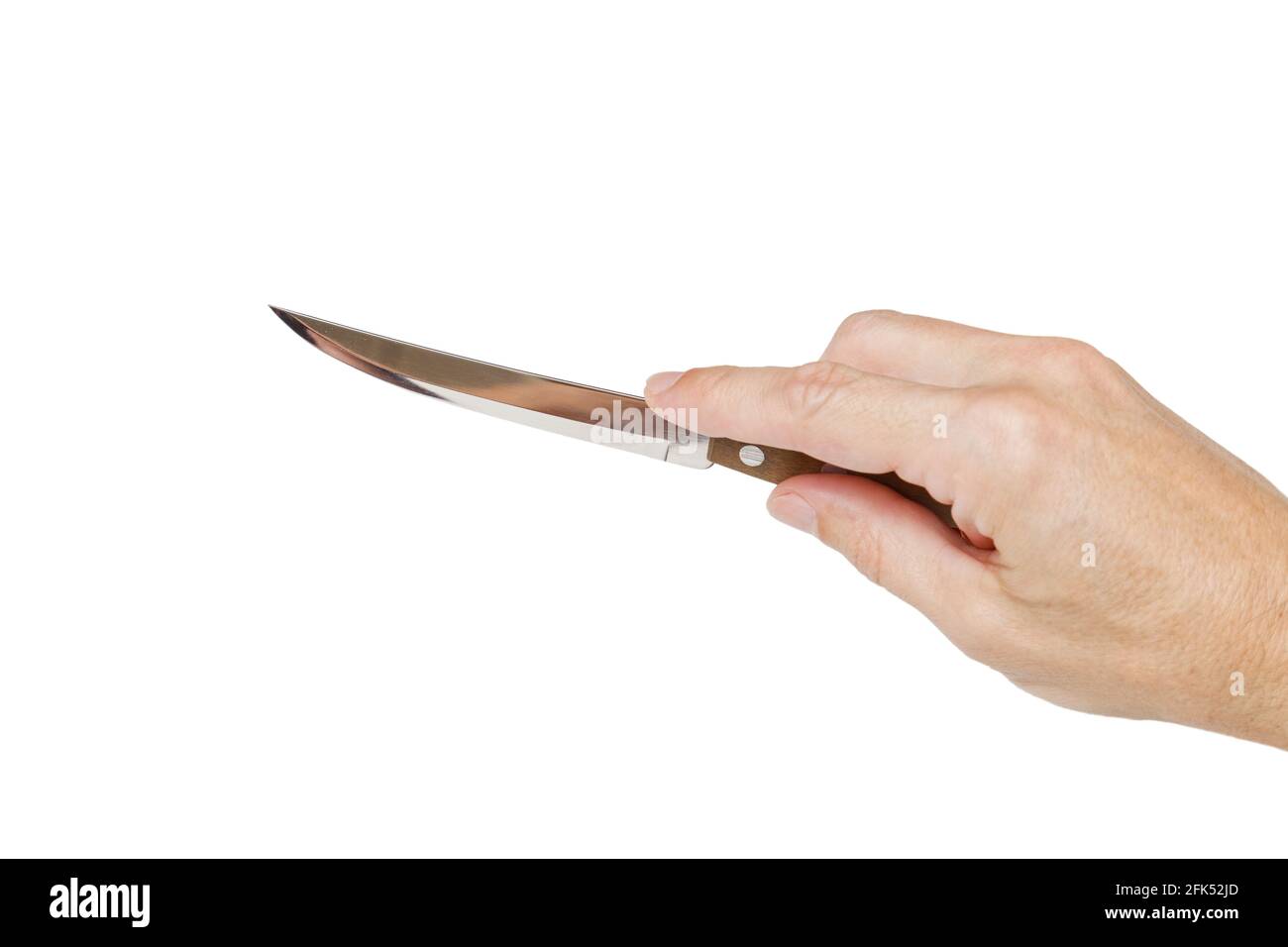 Humans right hand holding a silver knife isolated on white. Concept ...