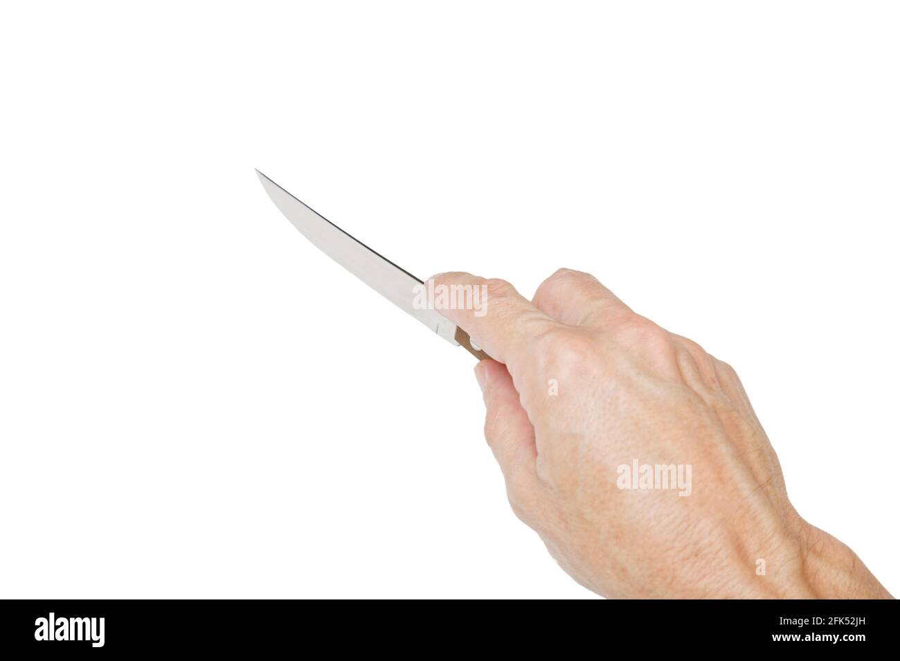 Humans right hand holding a silver knife isolated on white. Concept ...