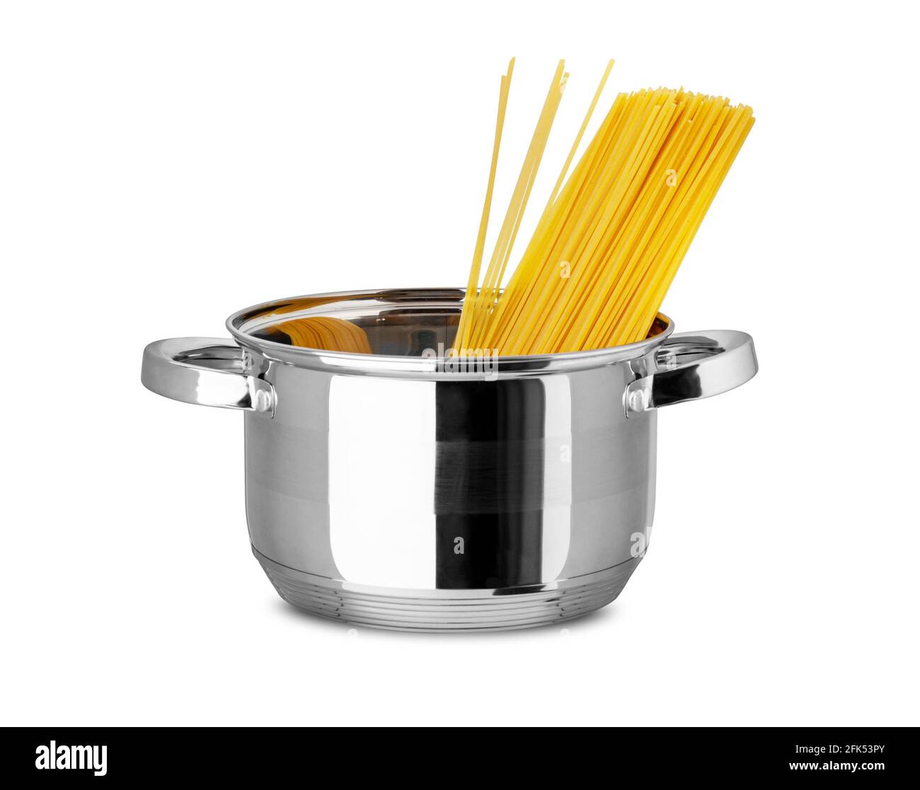 Italian spaghetti in stainless pot isolated on white background. With ...