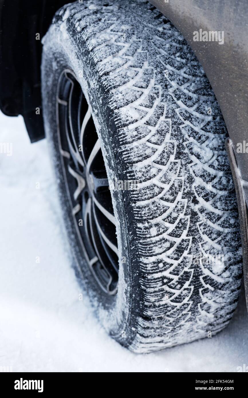 Closeup winter wheel with iron spikes for mud and snow terrain. Shallow ...