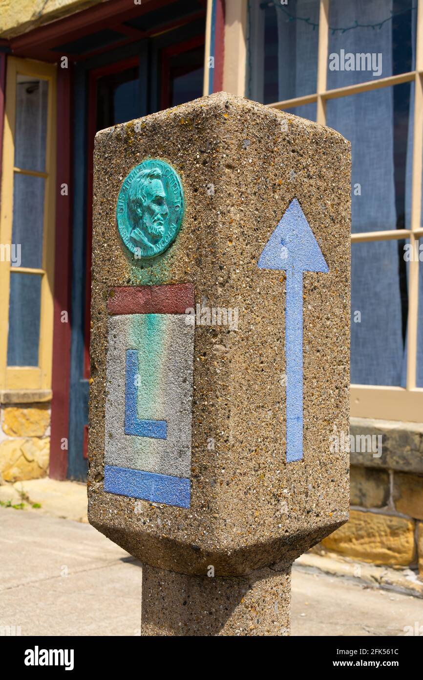 Original Lincoln Highway sign post in small Midwest town. Franklin ...