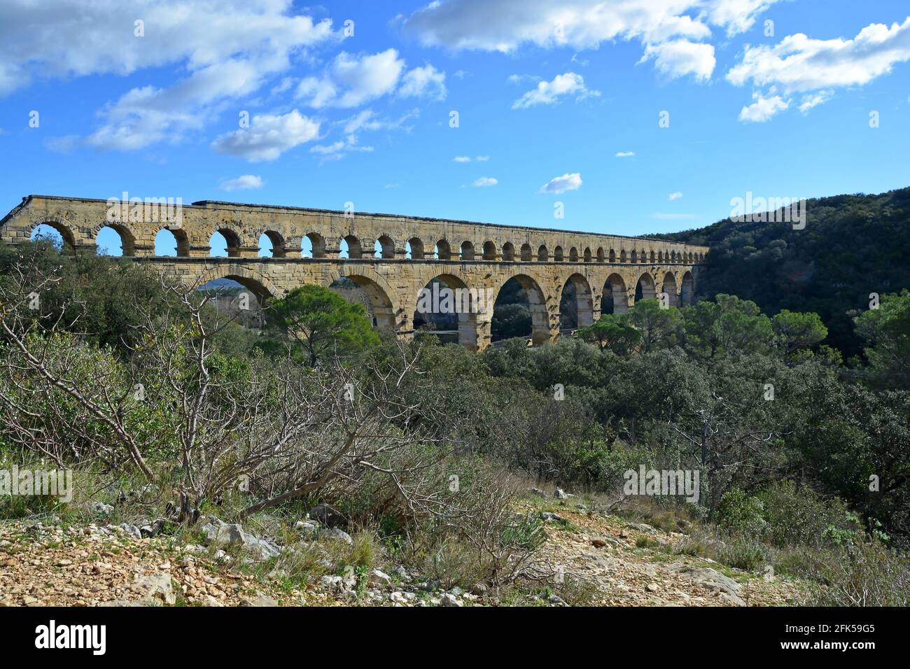 The Ancient Roman Pont du Gard aqueduct and viaduct bridge, the highest ...