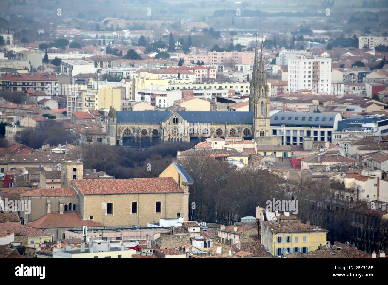 Aerial view of the old town of Nimes, France, including the cathedral ...