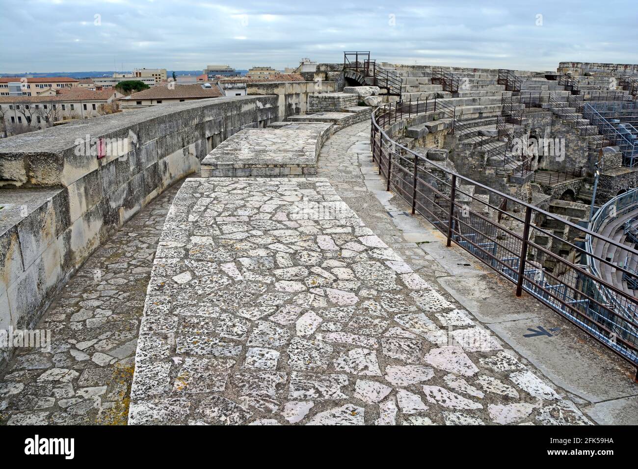 The upper tier of seats in an ancient Roman Amphitheatre at Nimes in ...