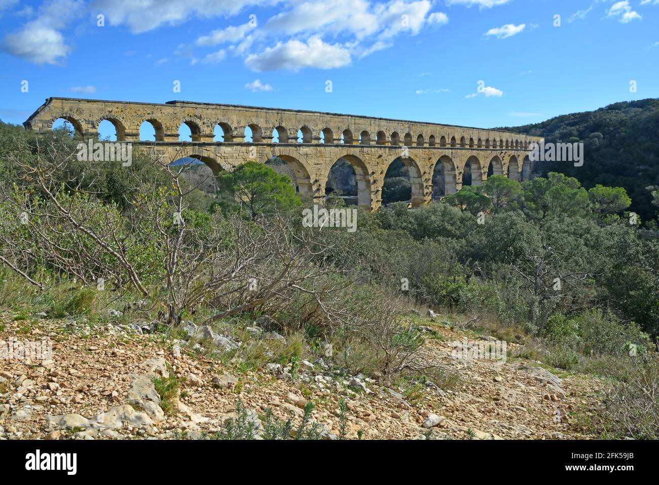 The Ancient Roman Pont du Gard aqueduct and viaduct bridge, the highest ...