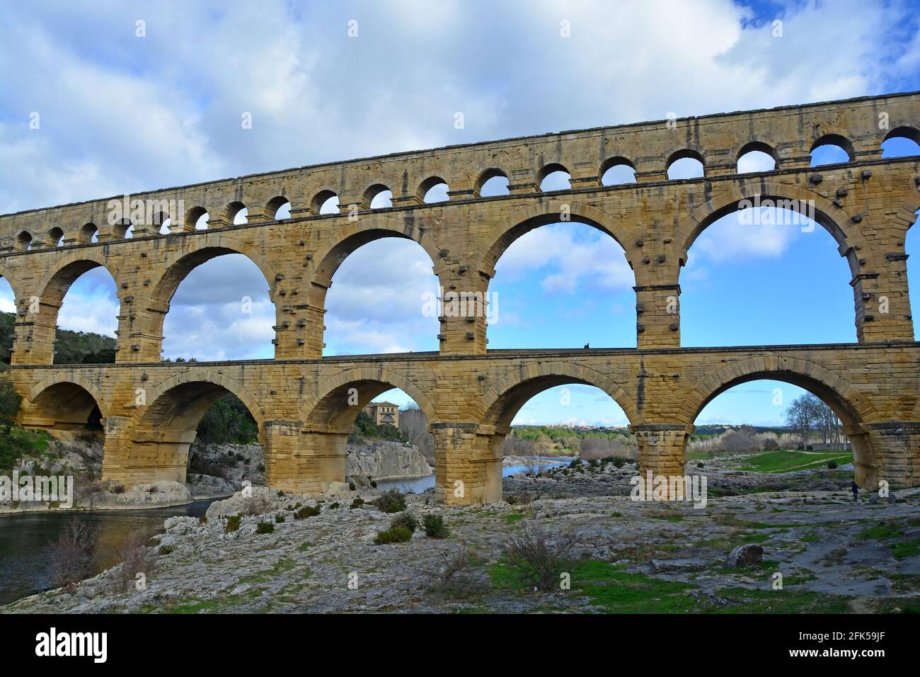 The Ancient Roman Pont du Gard aqueduct and viaduct bridge, the highest ...