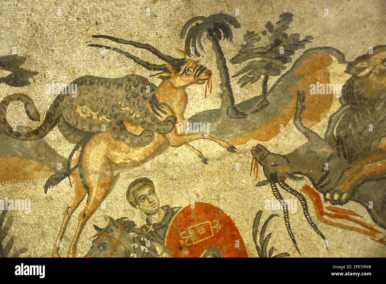 Ancient Roman mosaic of a leopard attacking an antelope in Africa from ...