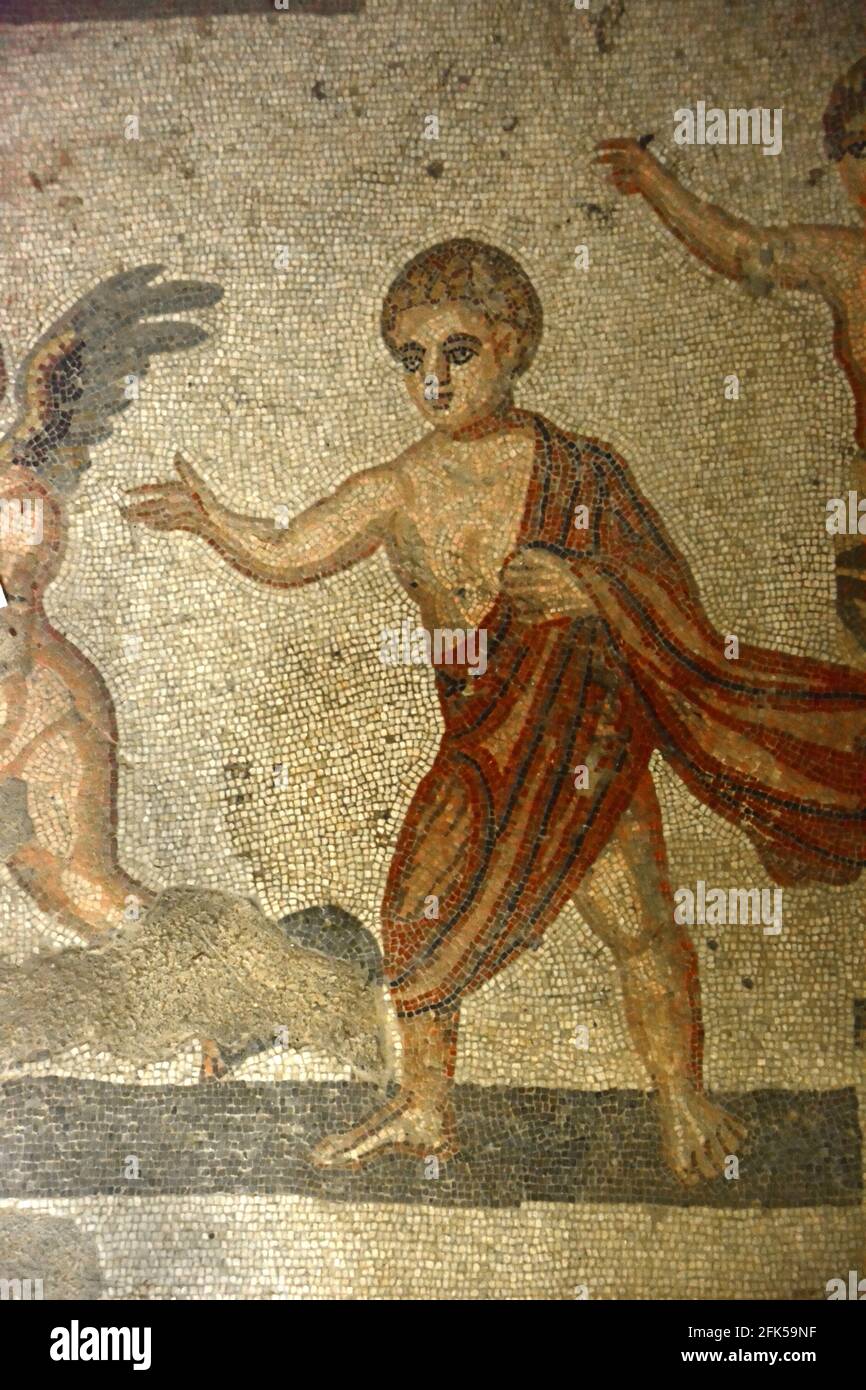 Ancient Roman mosaic of a Boy wearing a red tunic. Above them bags of ...
