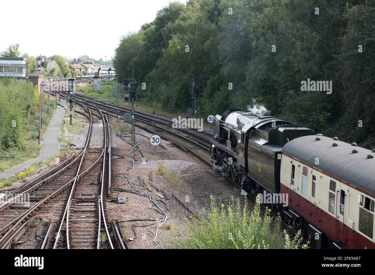 Preserved and restored steam locomotive, 34064 'Braunton' approaches ...