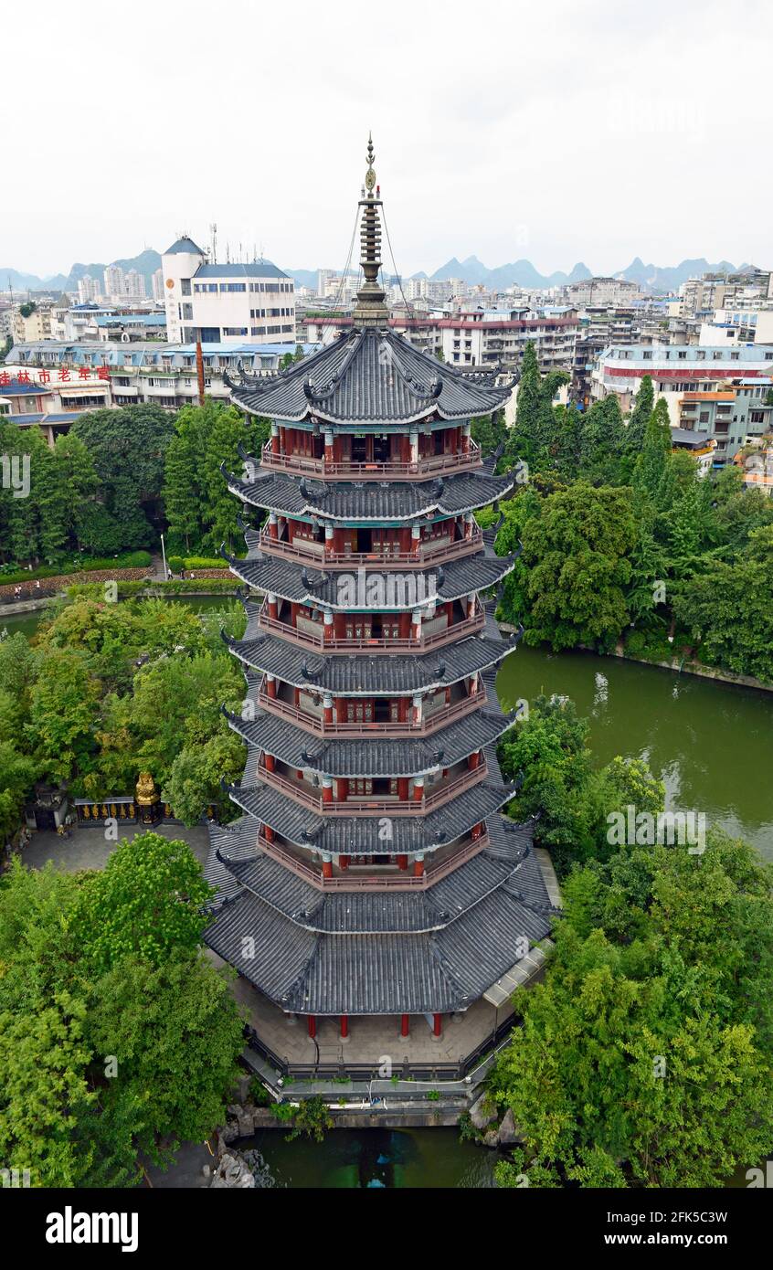 The Moon pagoda in Guilin. Sun and Moon pagodas were rebuilt in 2001 ...