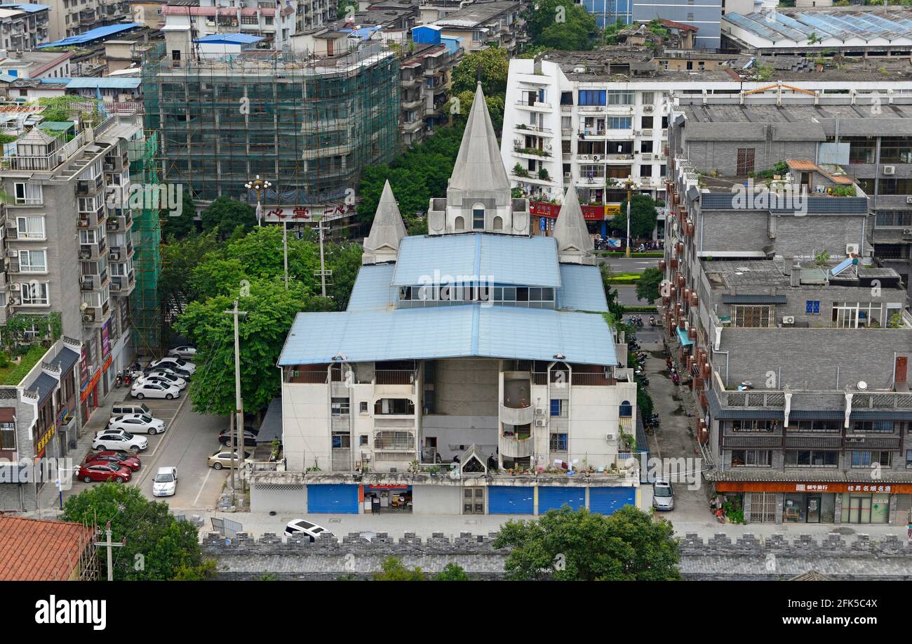 A church and other buildings in Guilin city in the karst landscape of ...