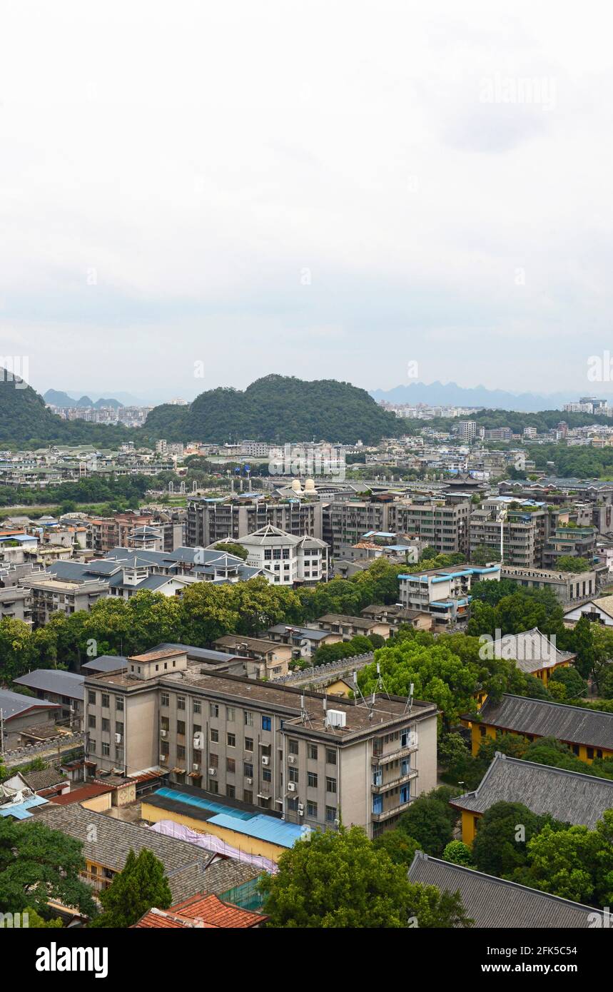 A view across Guilin city located in the karst dominated landscape of ...