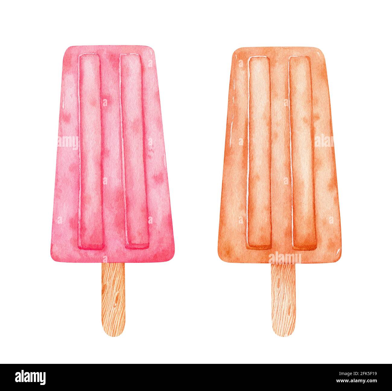 Watercolor set of ice cream on sticks. Strawberry and caramel ice pops ...