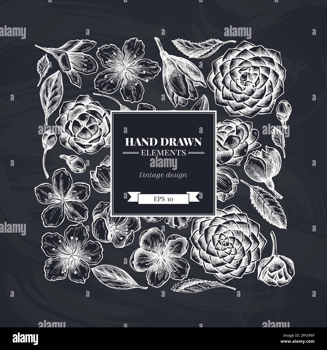 Square floral design with chalk hibiscus, plum flowers, peach flowers ...