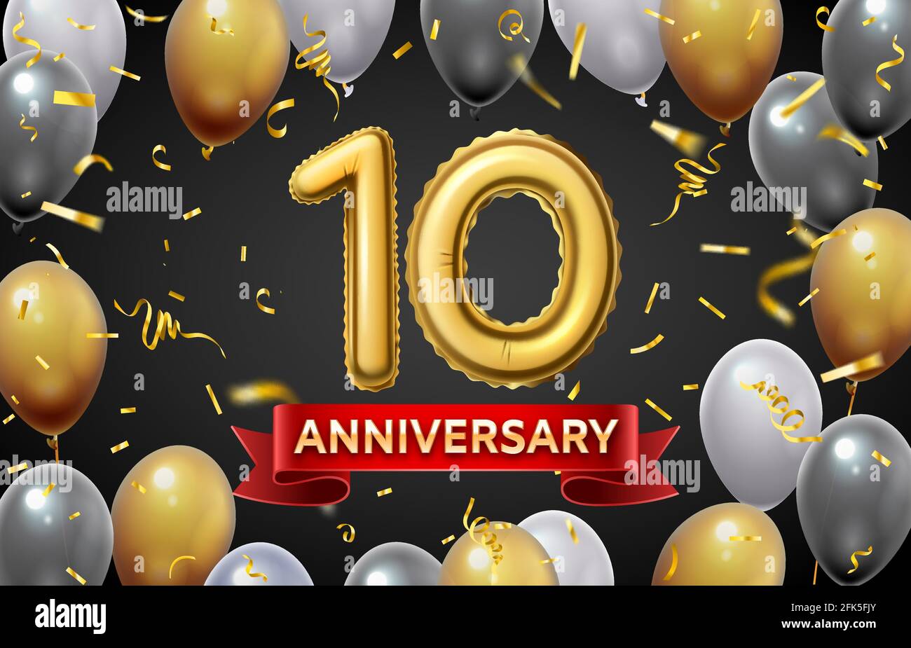 Anniversary poster with golden balloons. 10 wedding day date or jubilee ...