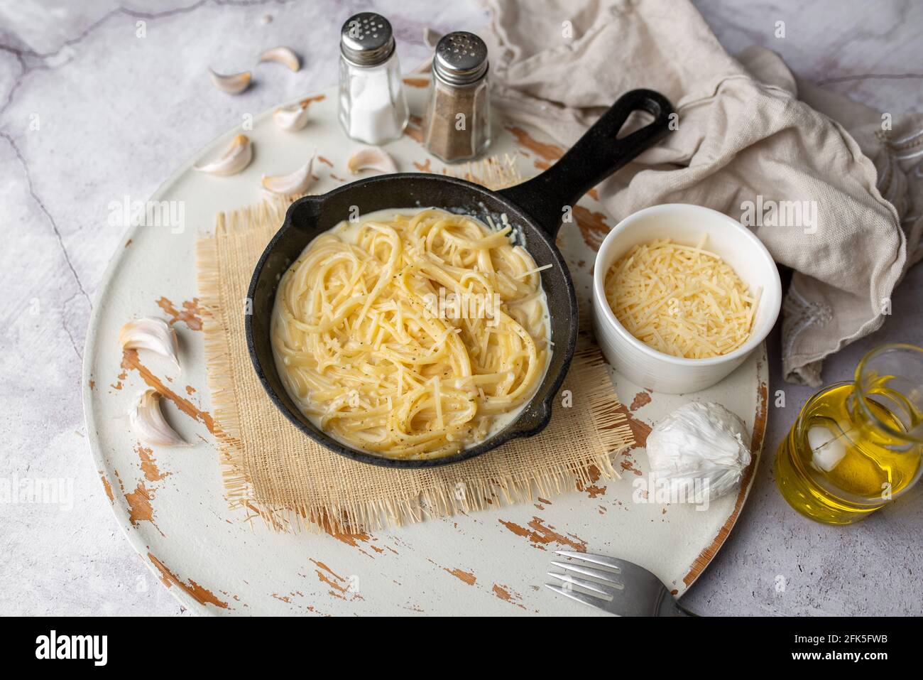 Alfredo pasta dinner with creamy white sauce with herbs seasoning ...
