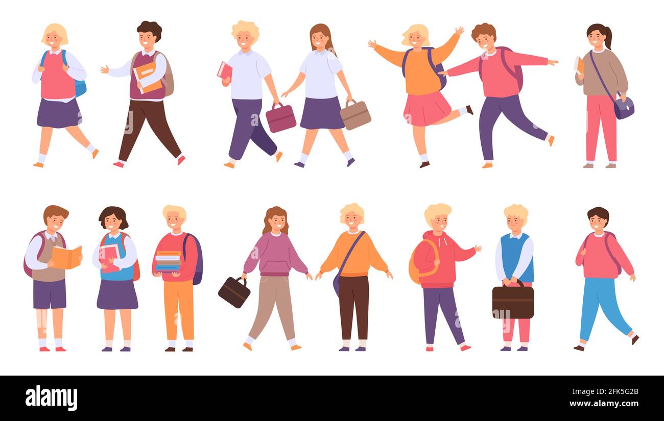 Students going to school. Happy children in uniform with book and bag ...