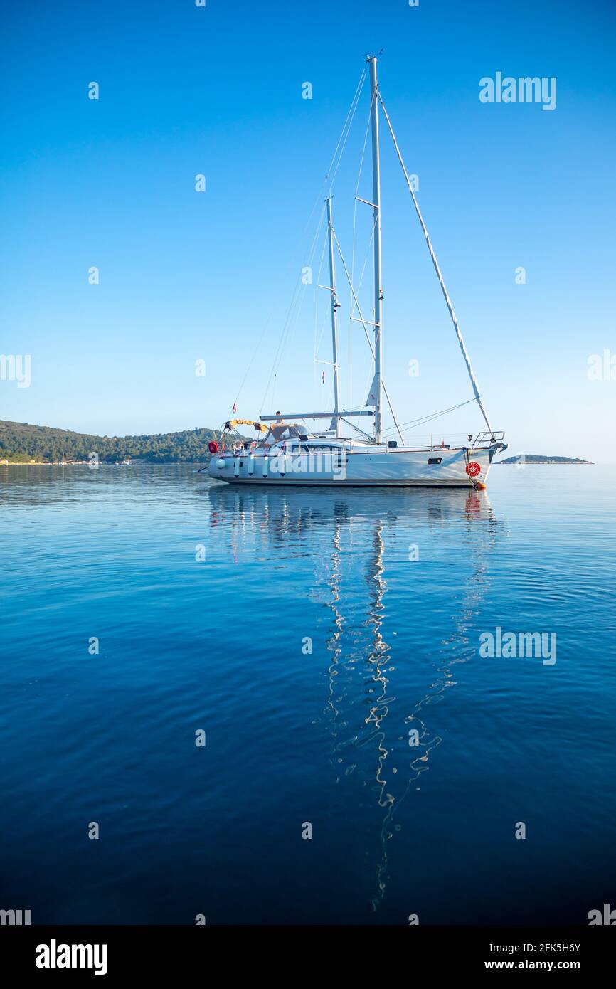 Vis, Croatia - 31.03.2021: luxury yacht in the marina at sunrise lights ...