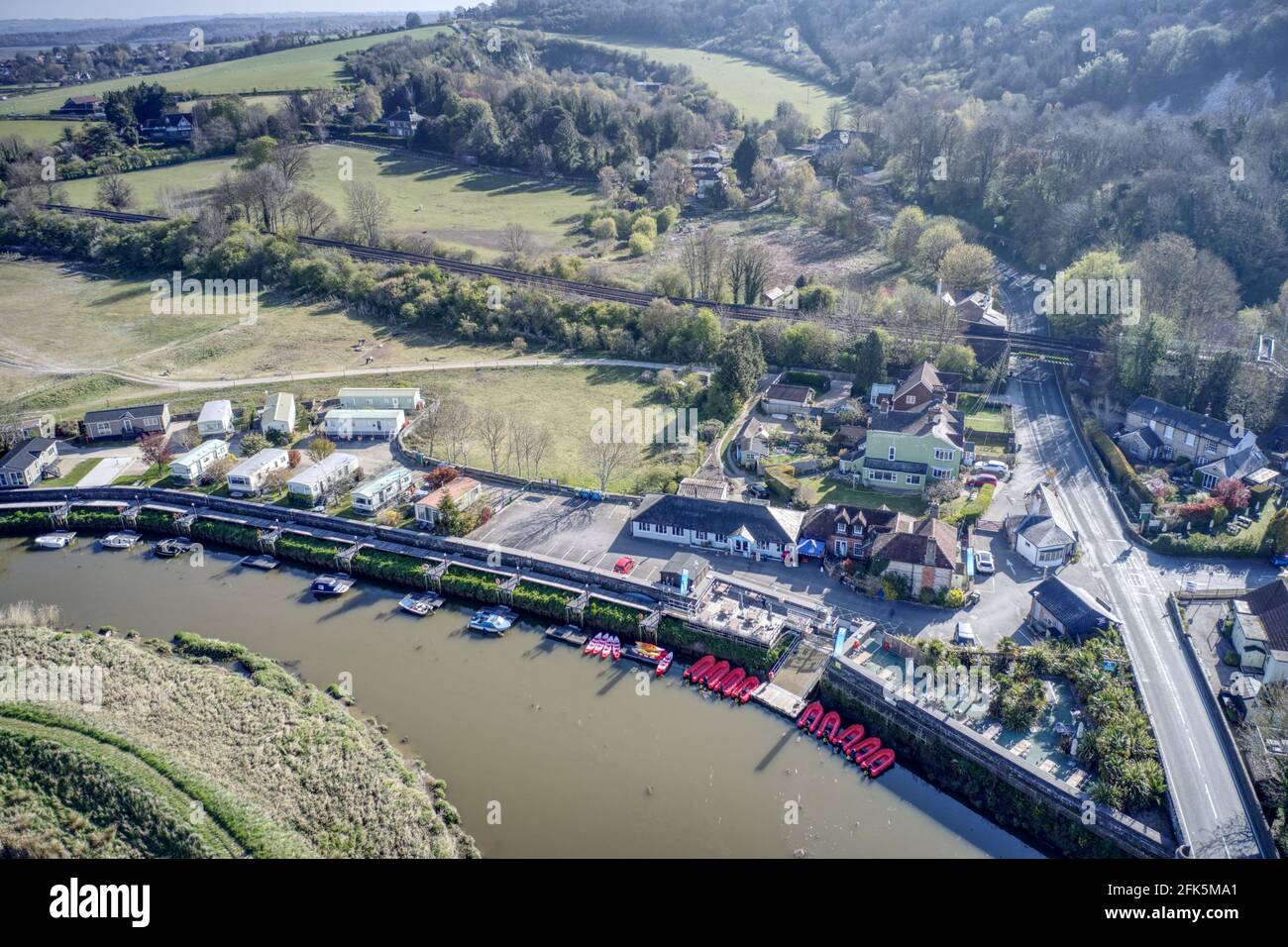 Aerial of Amberley on the banks of the River Arun in West Sussex in a ...