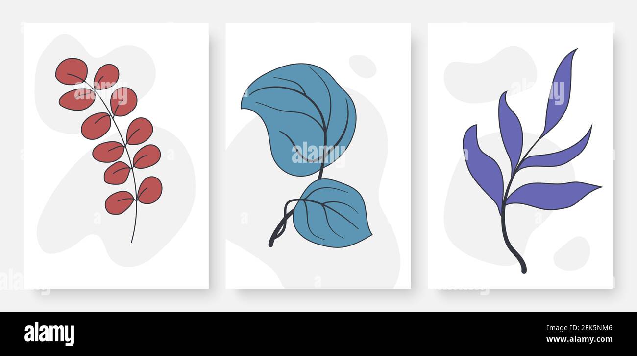 Minimal wall art, abstract summer plant leaf set, single line drawing ...