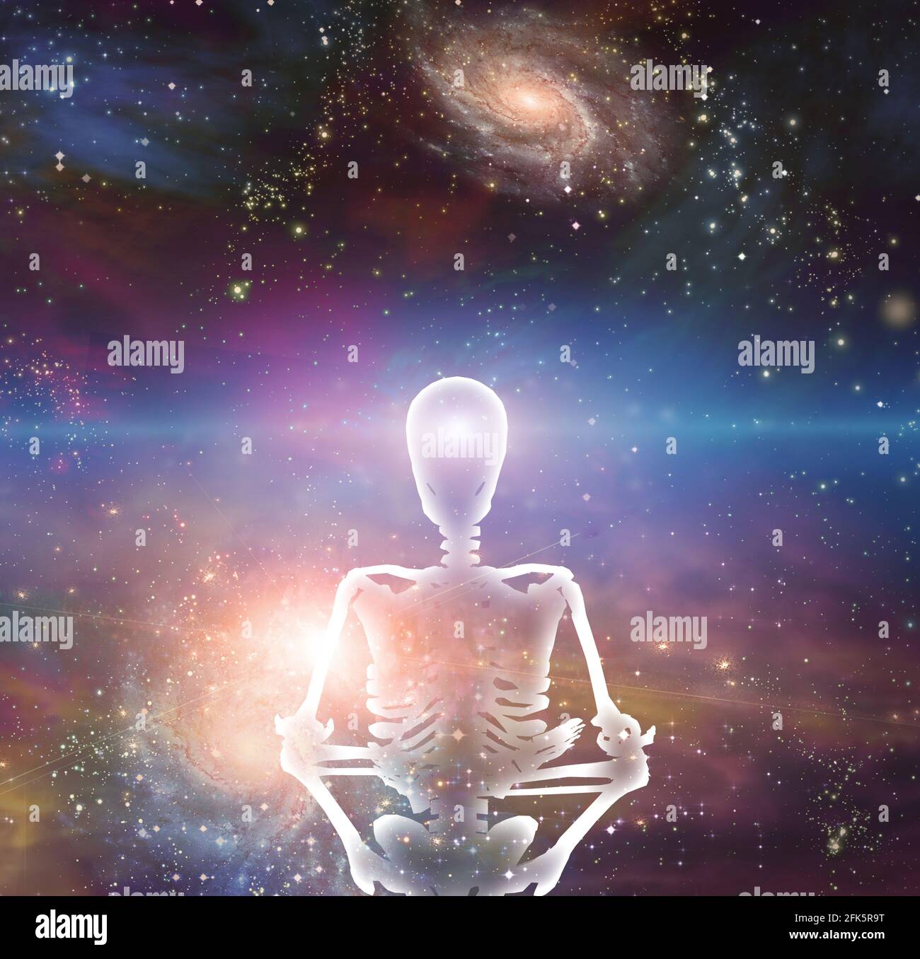 Meditation. Skeleton in lotus pose in vivid space. 3D rendering Stock ...