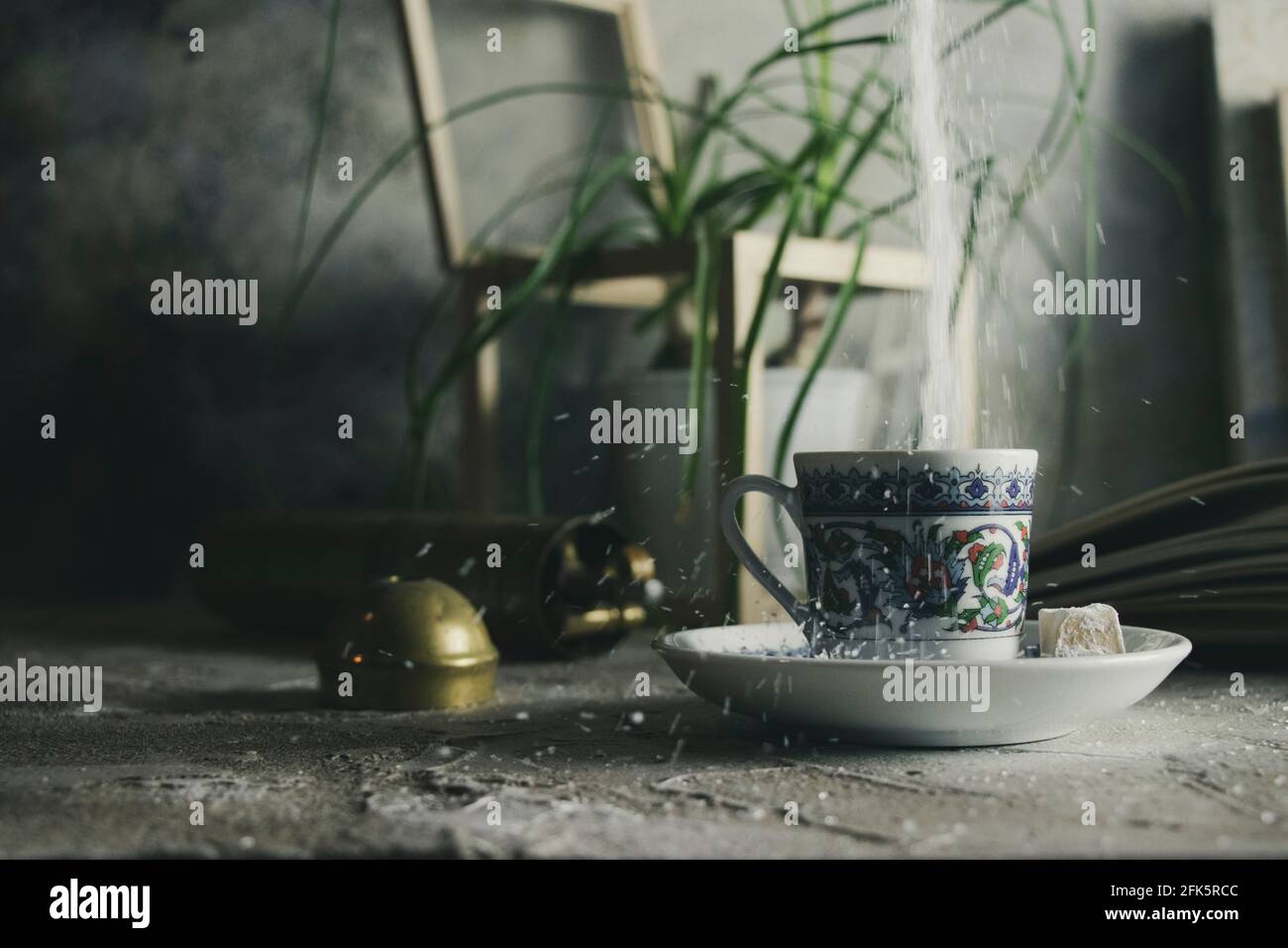 Morning Coffee getting hit by a rain storm of sugar Stock Photo - Alamy
