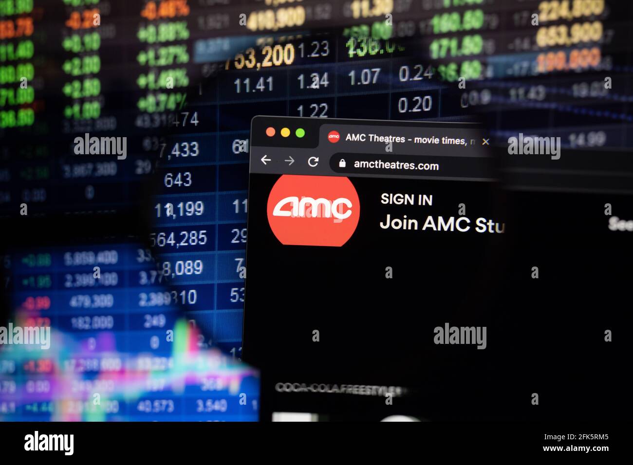 AMC company logo on a website with blurry stock market developments in ...
