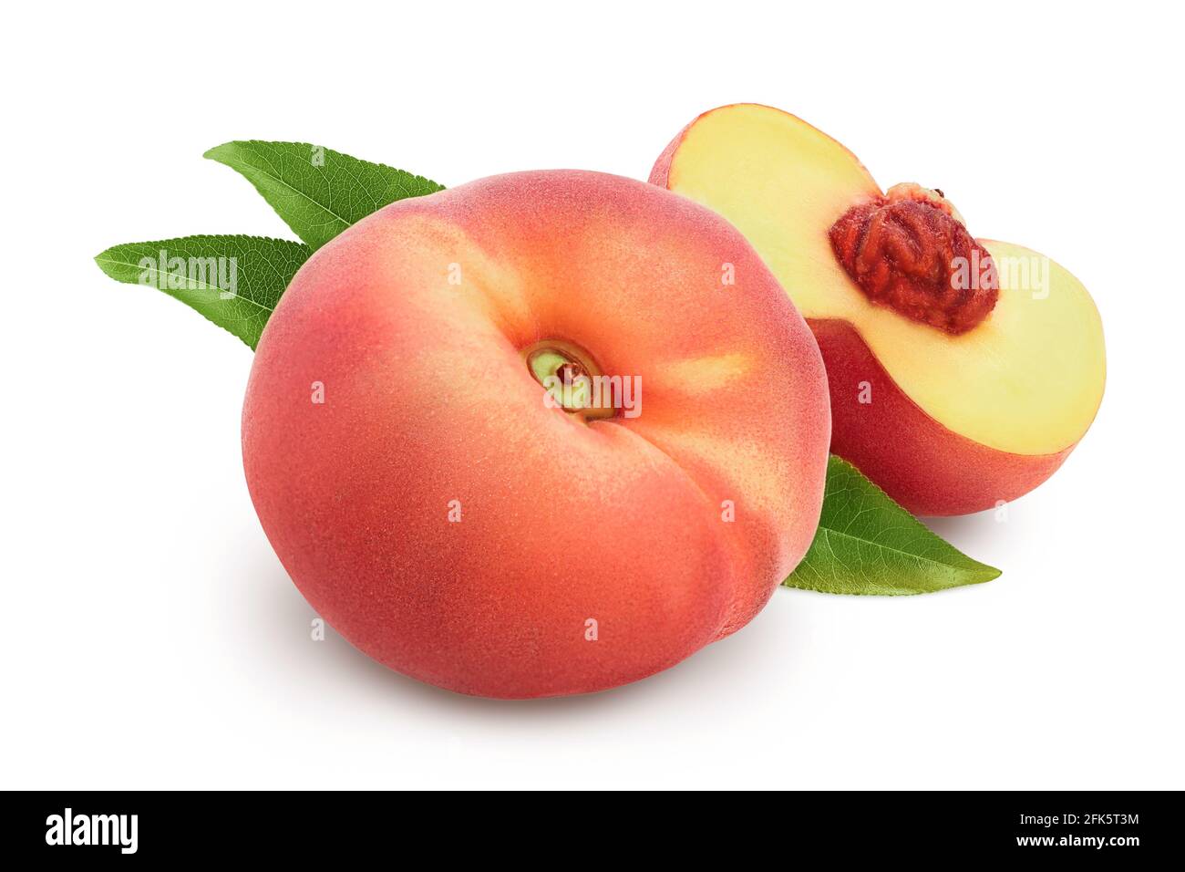 Ripe chinese flat peach fruit with leaf isolated on white background ...