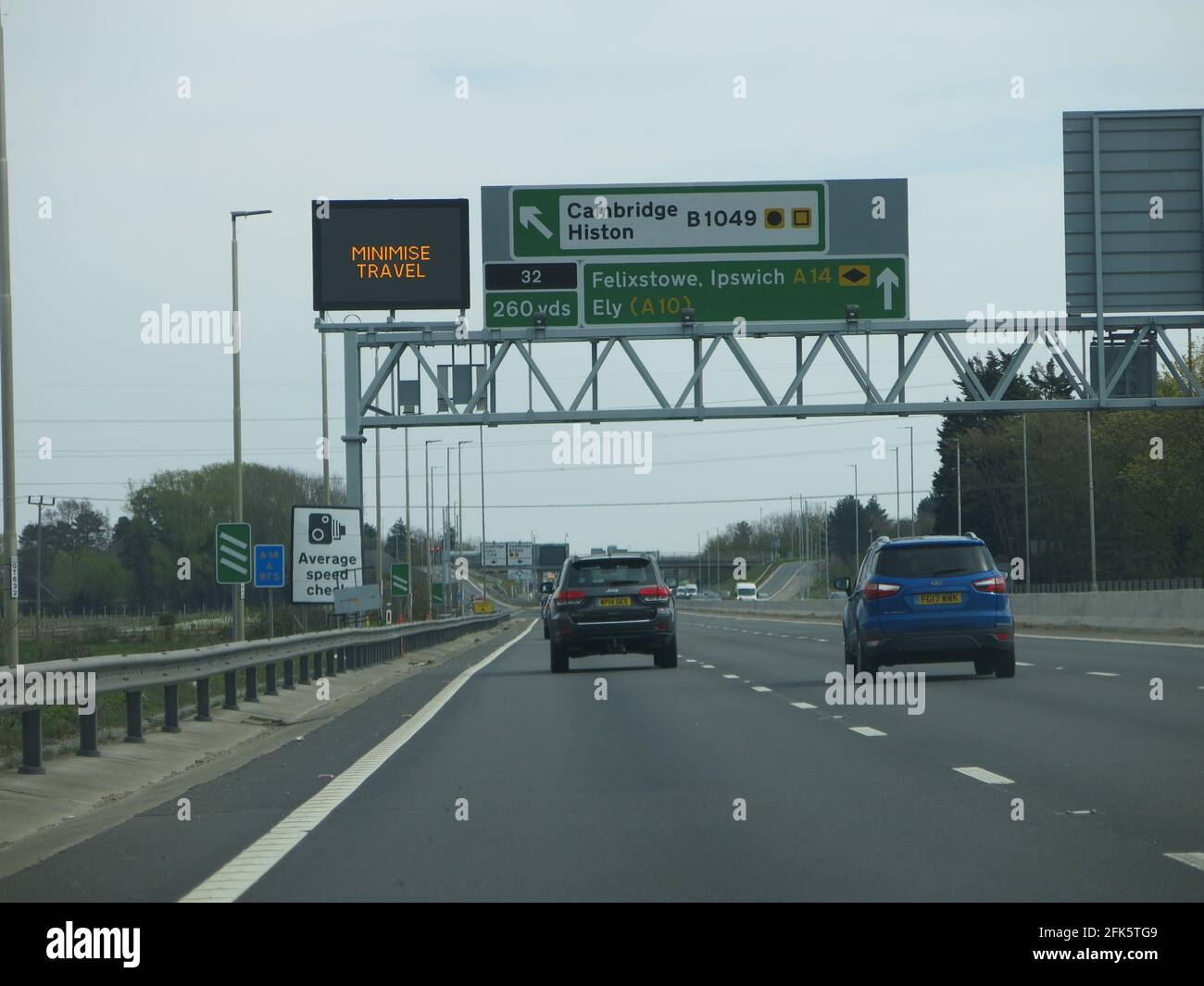 Electronic sign on the overhead gantry on the A14 travelling east with ...