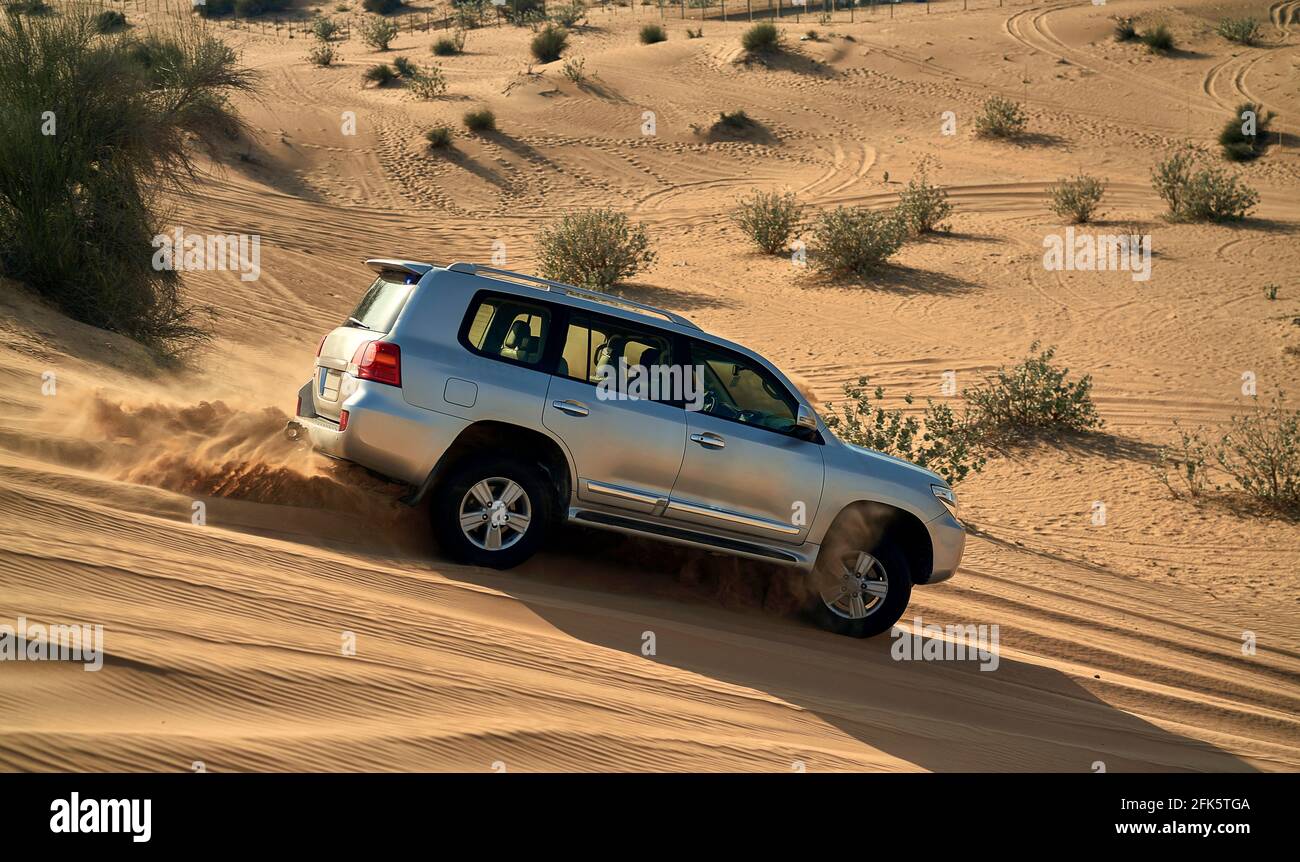 Off-road SUV vehicle speeding through sand dunes in the Arabian desert ...
