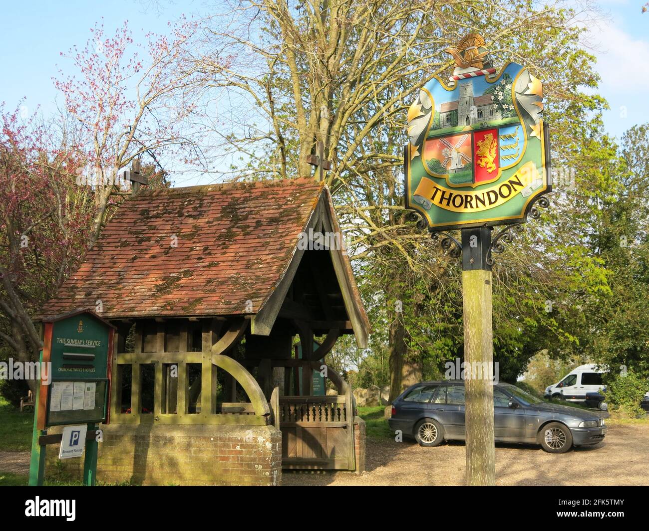 The decorative coat of arms of the Suffolk village of Thorndon, erected ...