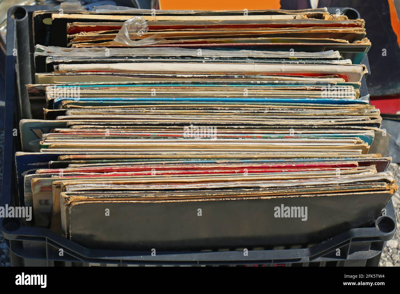 Stack of old vinyl records sold on flea market Stock Photo - Alamy