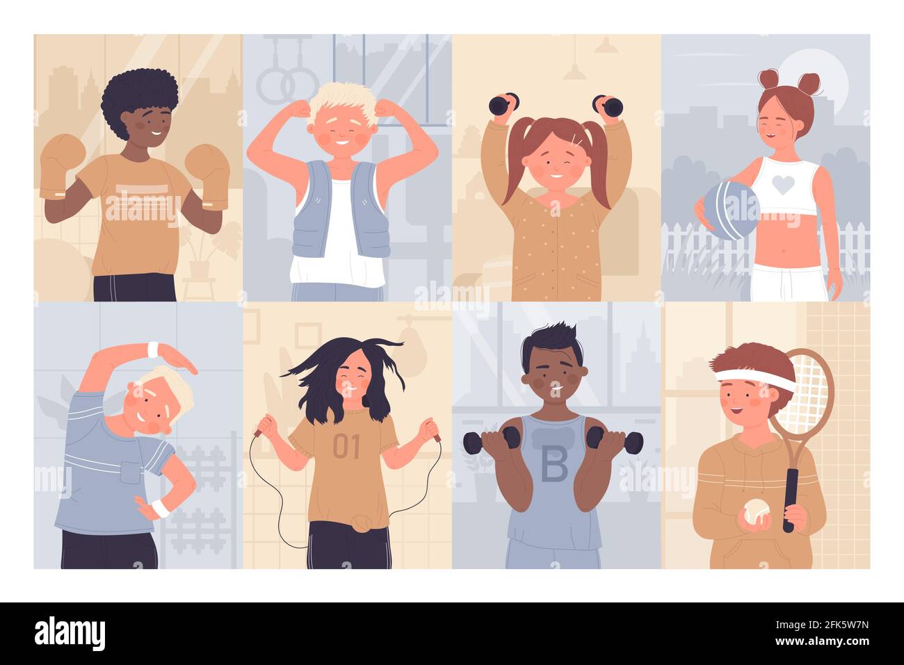 Happy kids do sport exercises set, children training with dumbbells ...