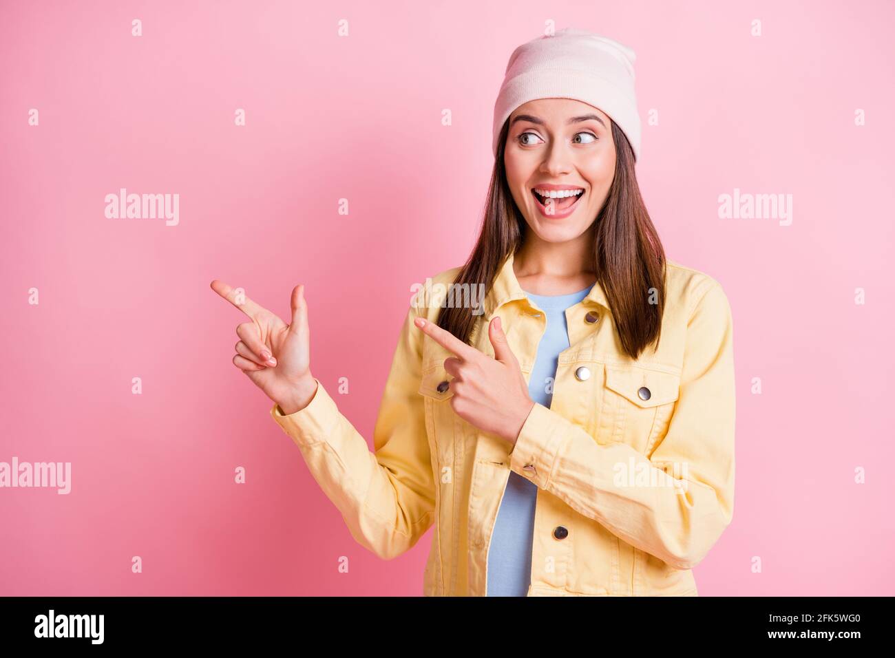 Photo of adorable shiny young lady wear casual outfit headwear looking ...