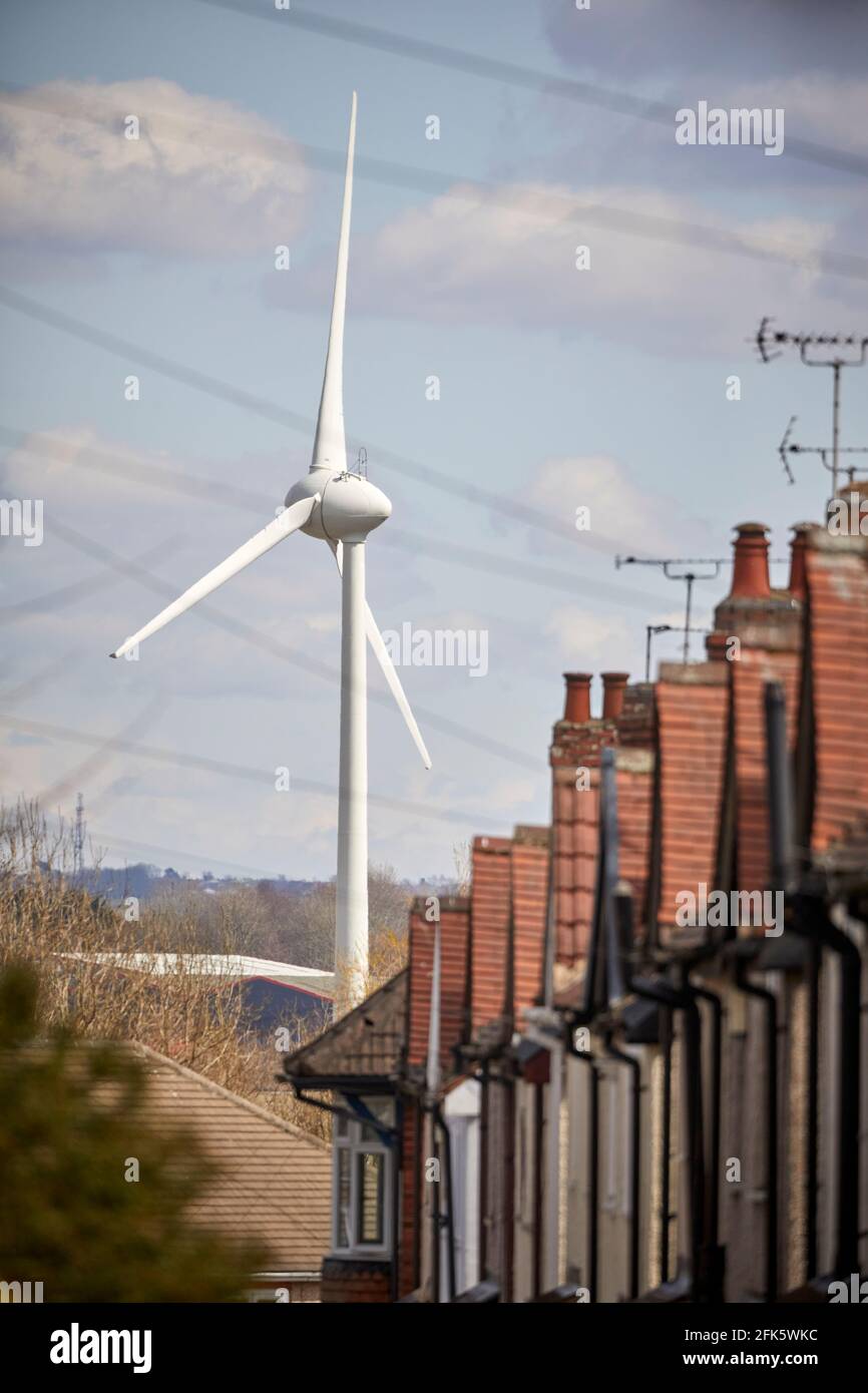 Solo Wind farm turbine in Alfreton Derbyshire, near housing stock Stock ...