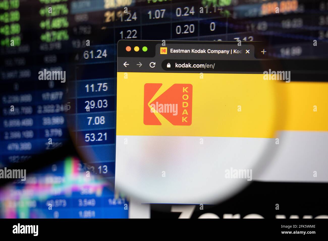 Kodak company logo on a website with blurry stock market developments in the background, seen on ...