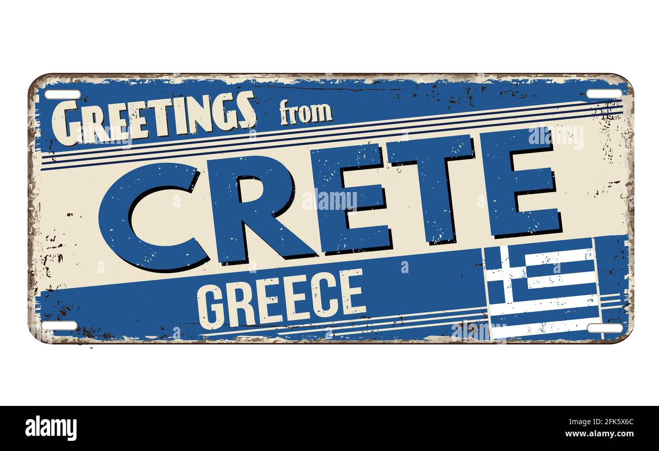 Greetings from Crete vintage rusty metal plate on a white background ...