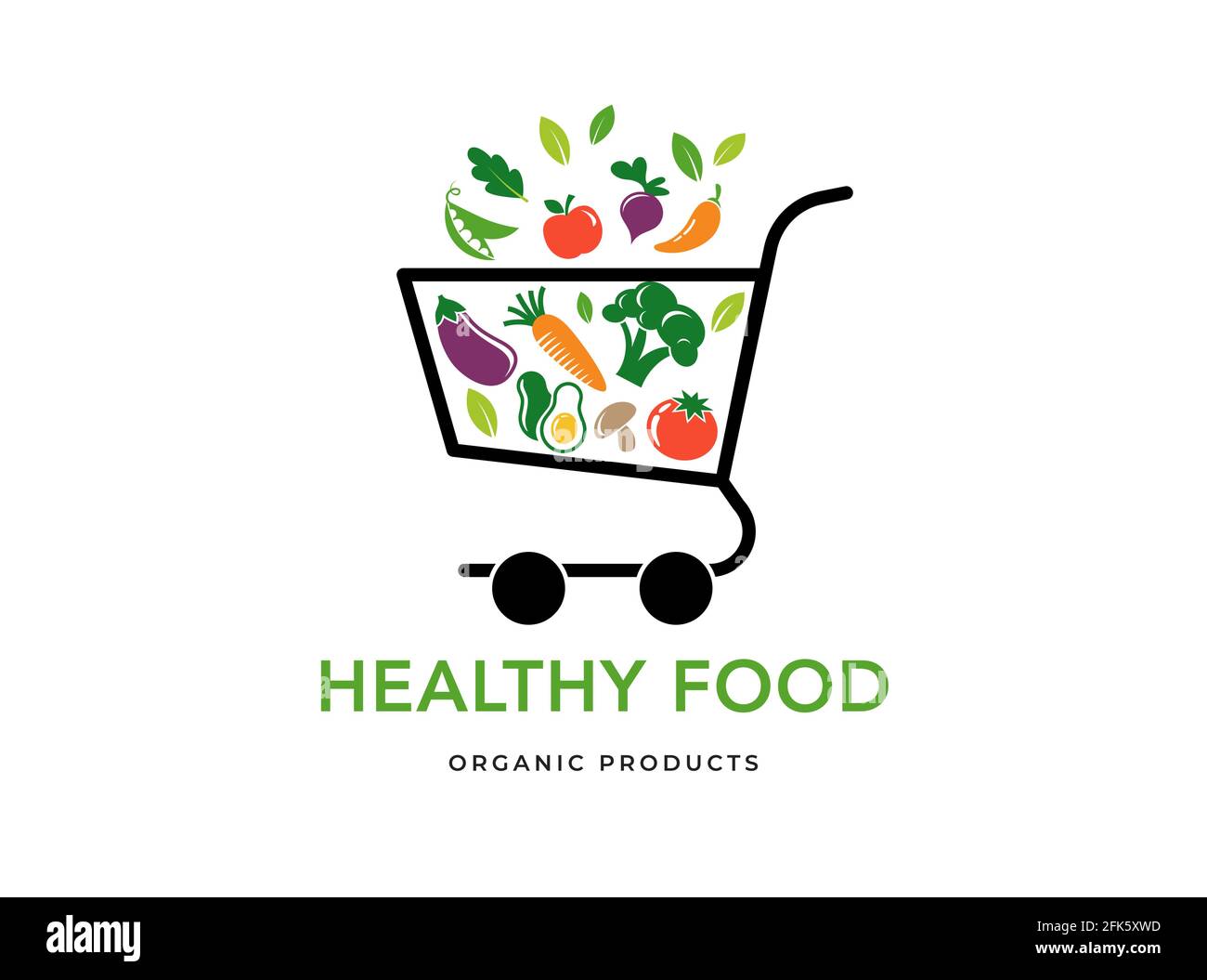 Shopping cart with food icons, cooking logo and branding. Healthy ...