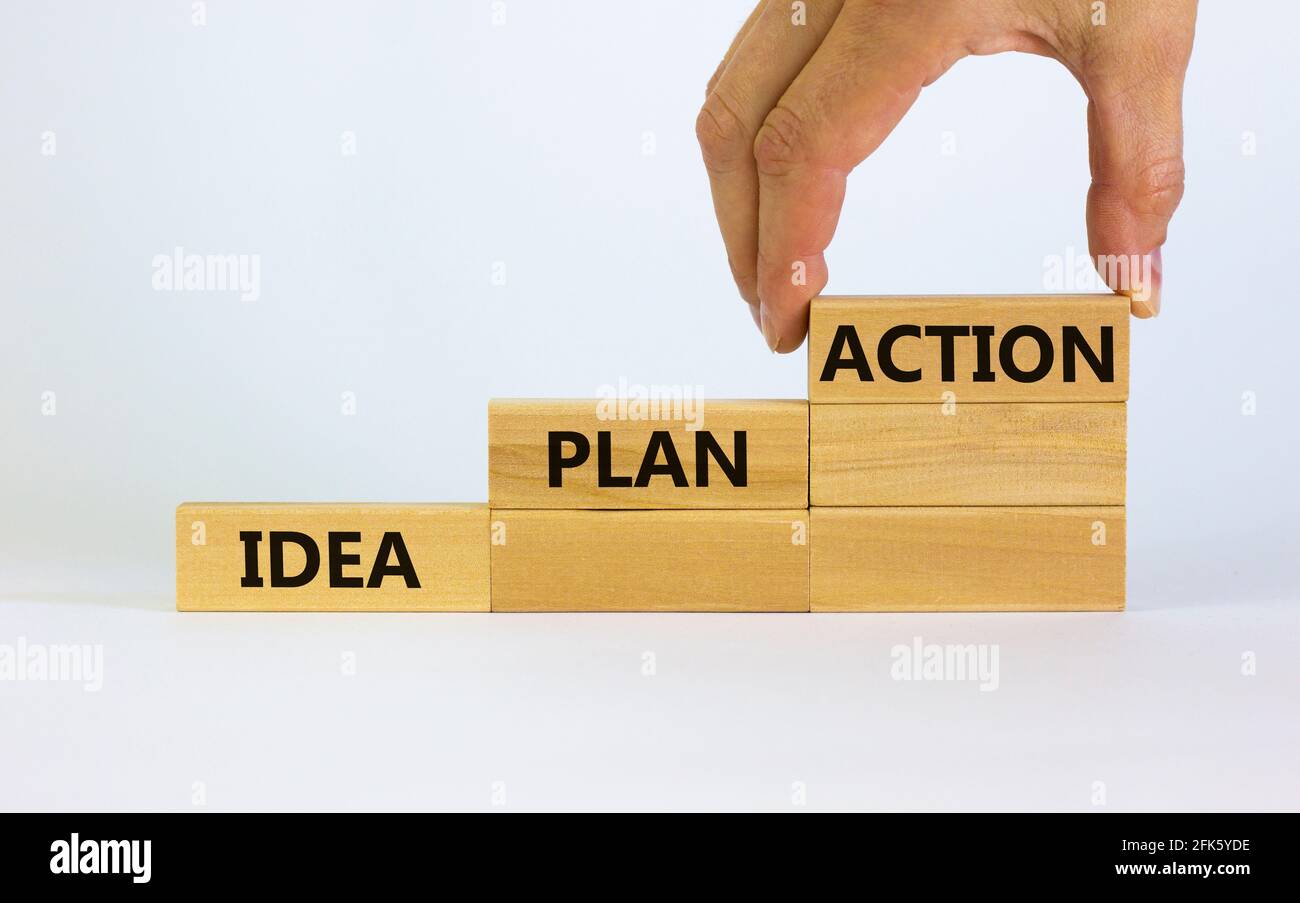 Idea, plan, action symbol. Wooden blocks form the words 'Idea, plan, action' on beautiful white ...