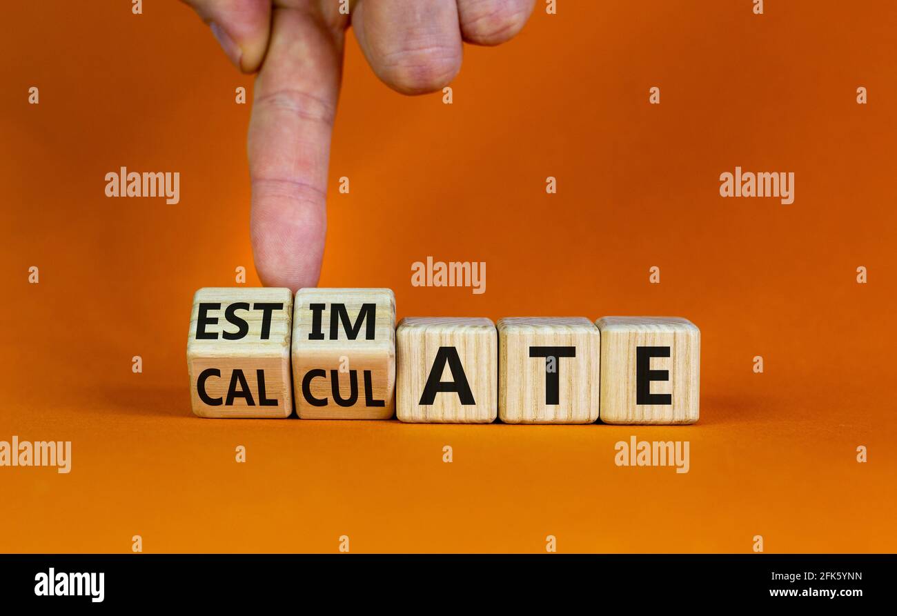 Estimate or calculate symbol. Businessman turns wooden cubes and ...