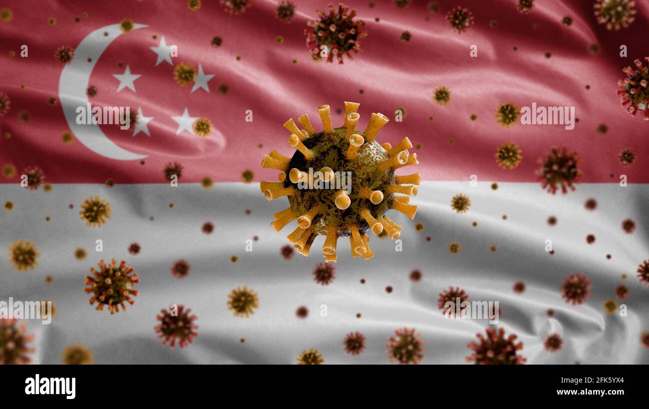 3D, Flu coronavirus floating over Singaporean flag, a pathogen that ...