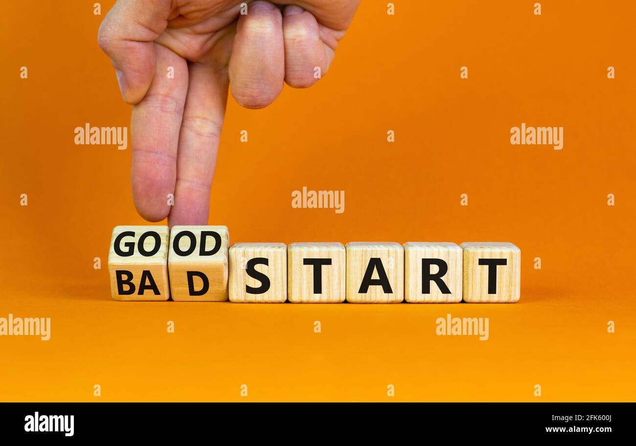 Good or bad start symbol. Businessman turns wooden cubes and changes ...