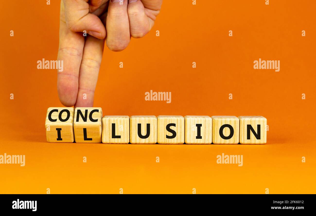 Conclusion or illusion symbol. Businessman turns wooden cubes and ...