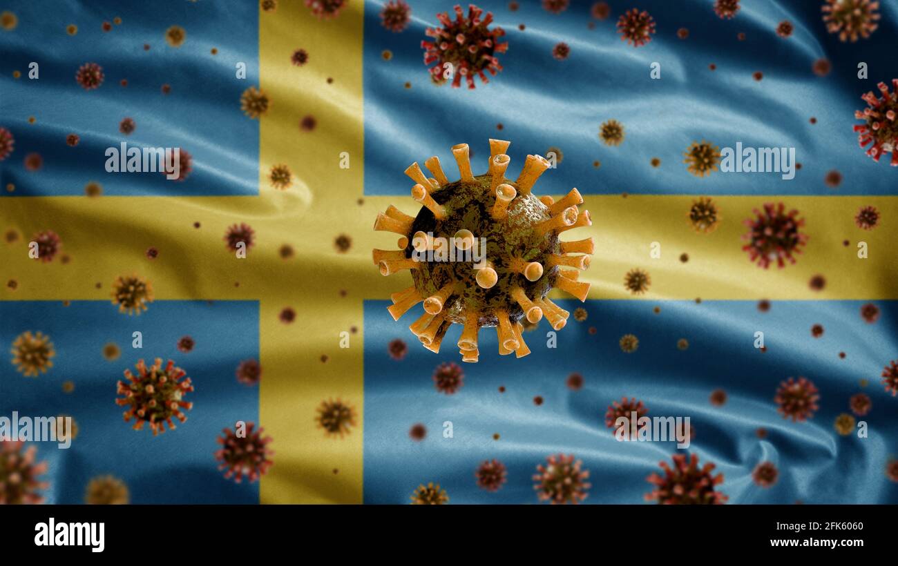 3D, Flu coronavirus floating over Sweden flag, a pathogen that attacks ...