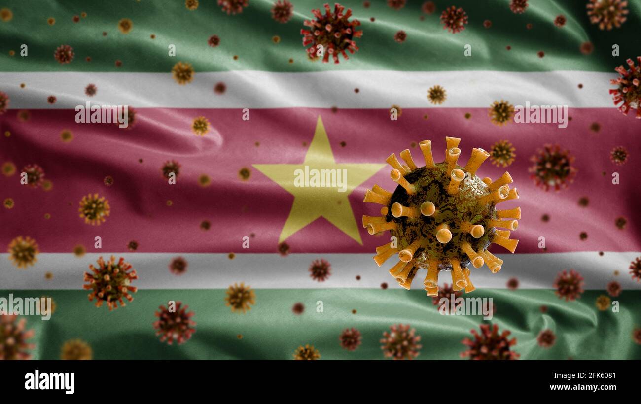 3D, Flu coronavirus floating over Surinamese flag, a pathogen that ...