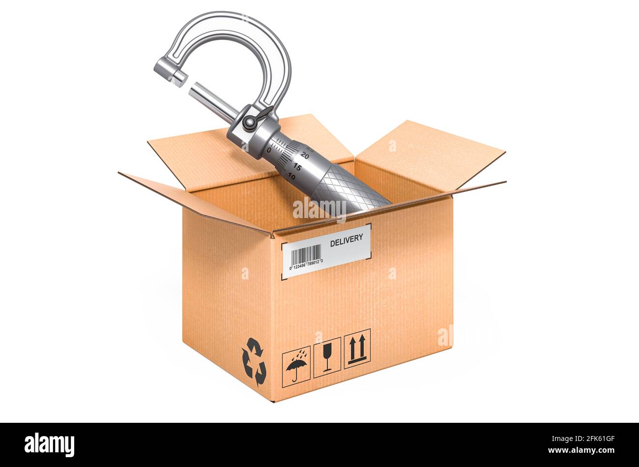 Digital Micrometer inside cardboard box, delivery concept. 3D rendering ...