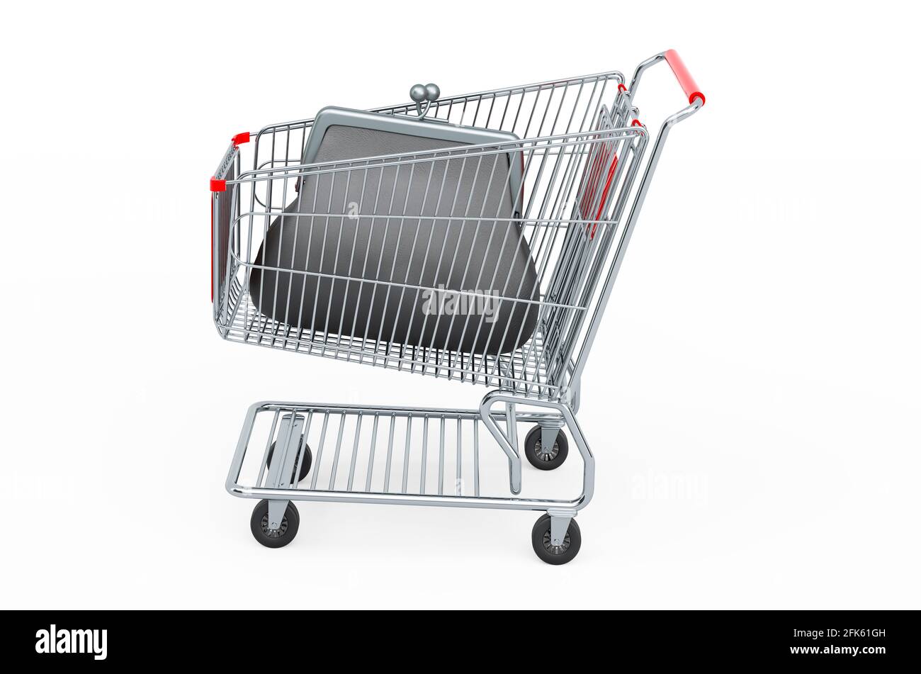 Shopping cart with purse. Market basket or purchasing power concept, 3D ...