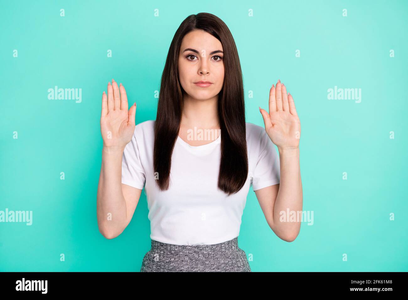 Photo of young woman angry negative show hands no stop reject denial ...