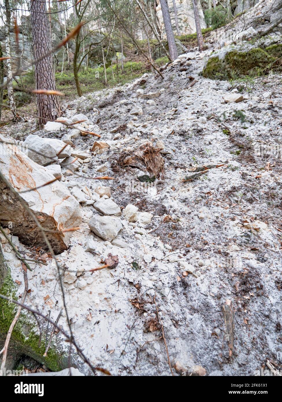 Collapsed rocky boulders fall down from sandstone rocks and landslide ...